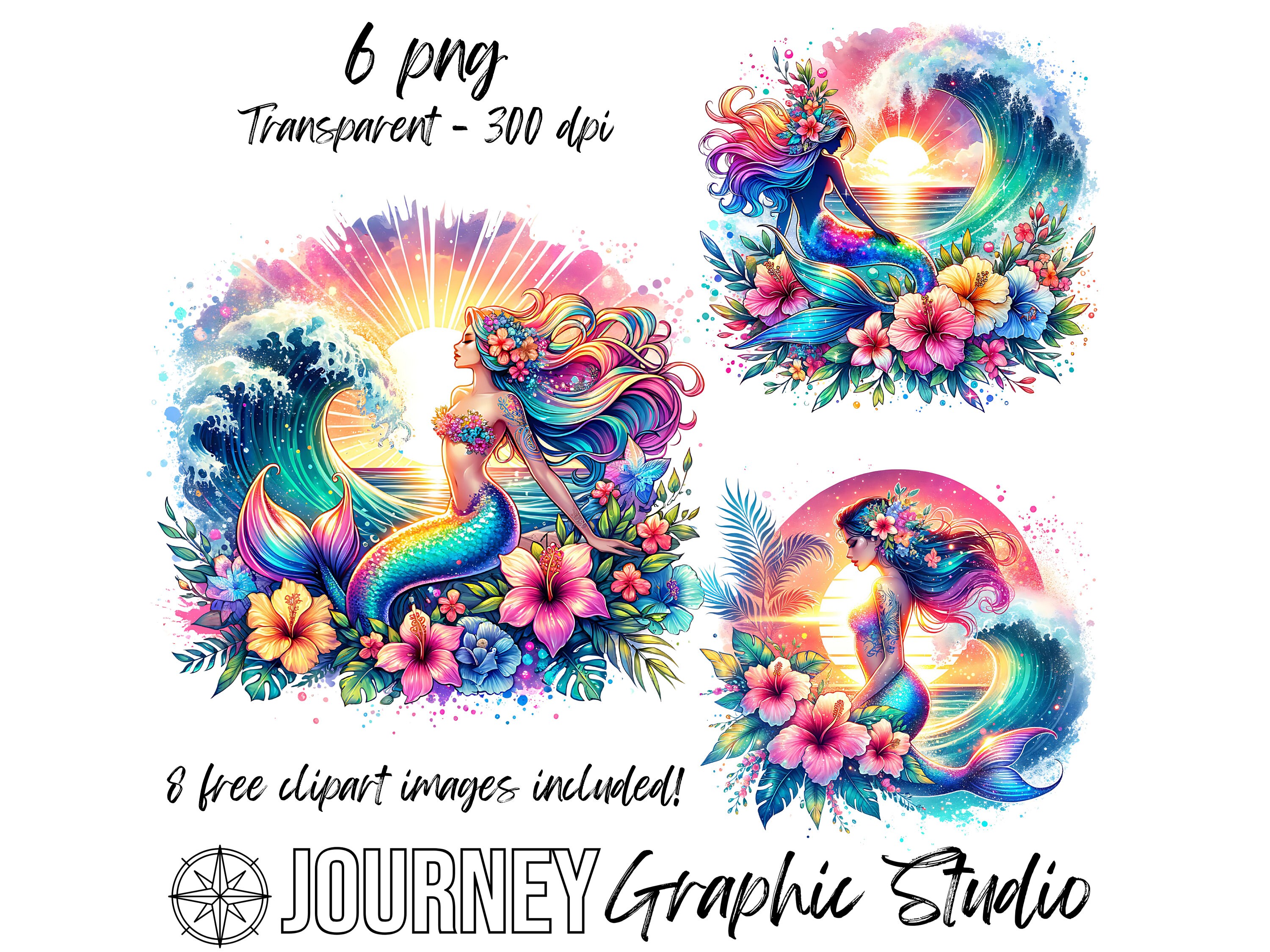 Mermaid Clipart, Mermaid Sunset Clipart, Floral Beach Clipart, Tropical ...