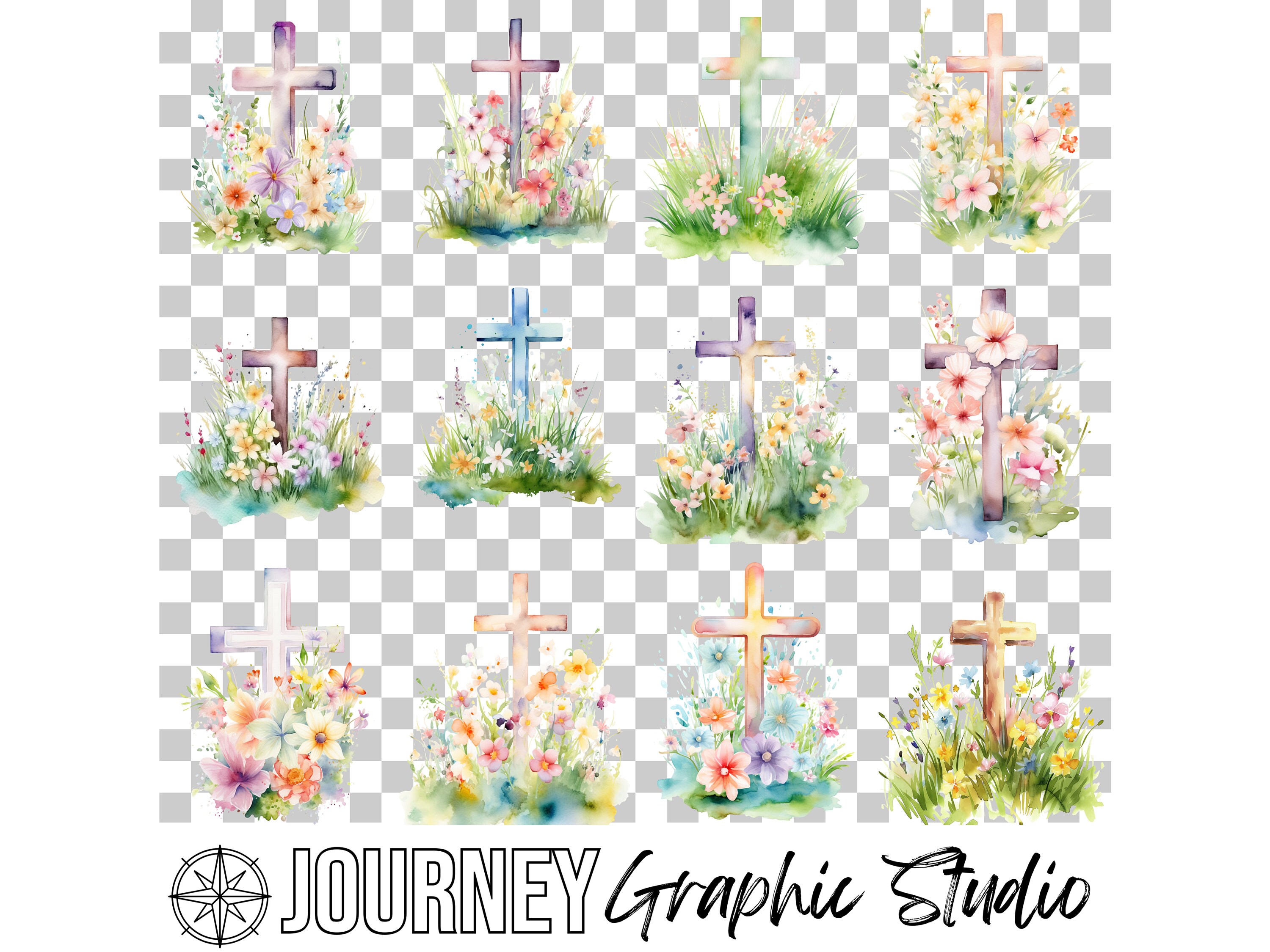 Pastel Floral Cross Clipart Bundle, Watercolor Clipart Bundle, Easter ...