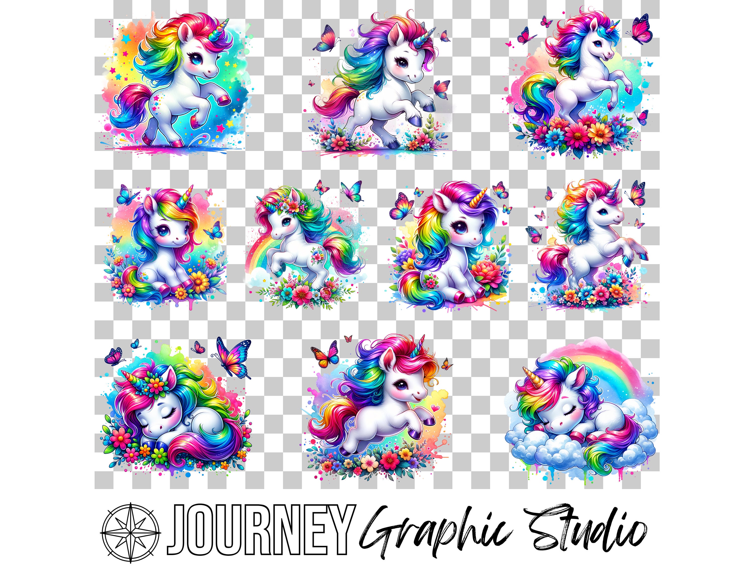 Baby Unicorn Clipart Bundle, Watercolor Unicorn Clipart Bundle, Rainbow ...