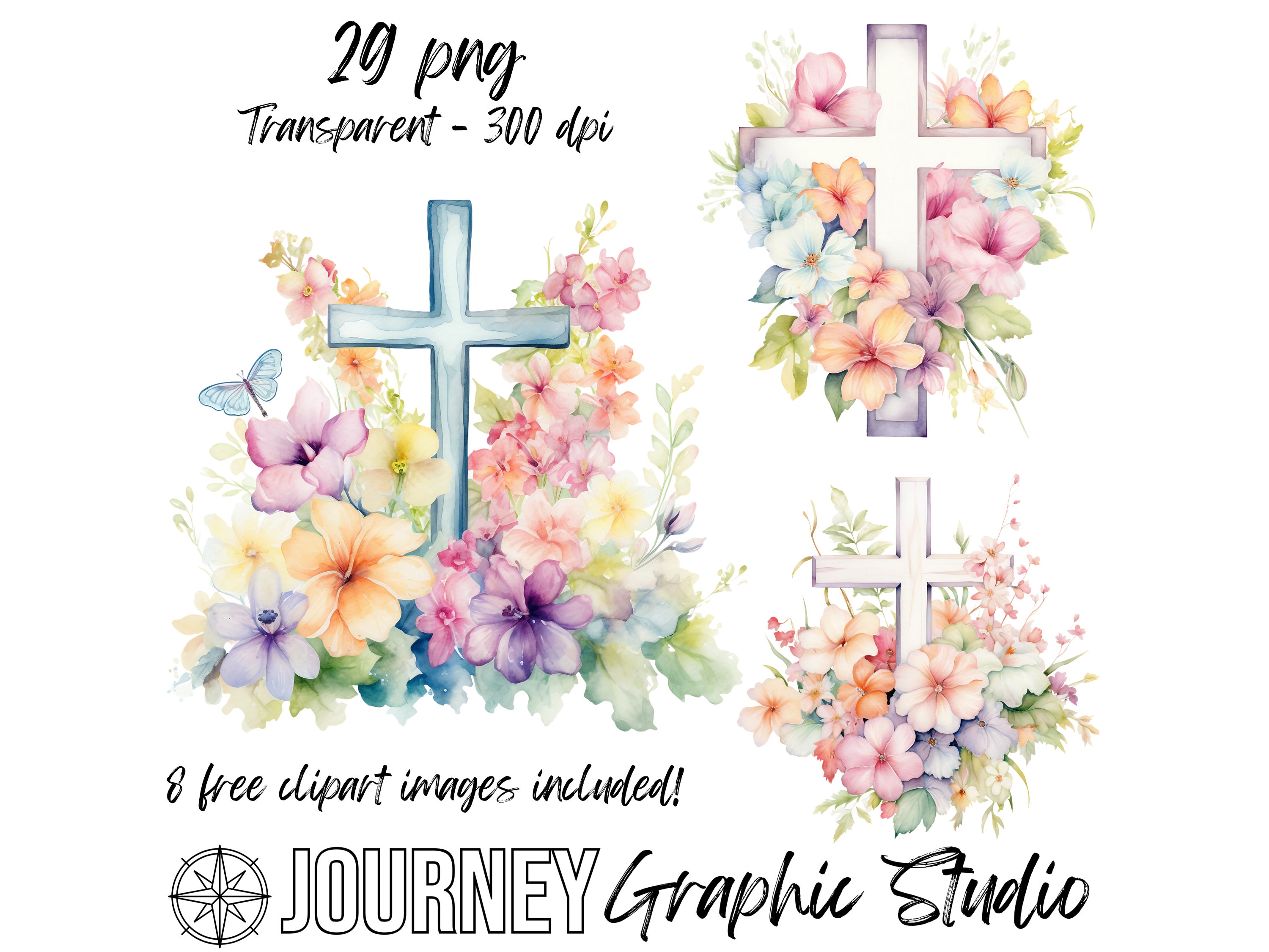 Pastel Floral Cross Clipart Bundle, Watercolor Clipart Bundle, Easter ...