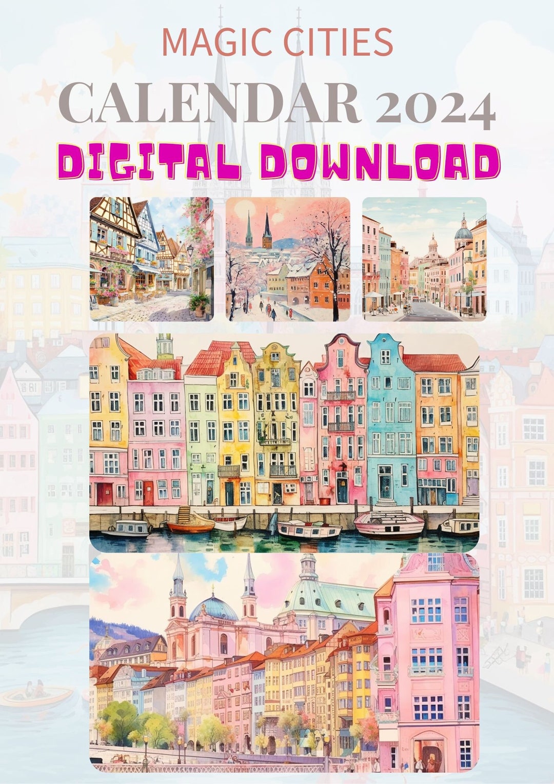 Digital Travel Wall Illustrated Calendar 2024 Magic Cities A5 Printable ...