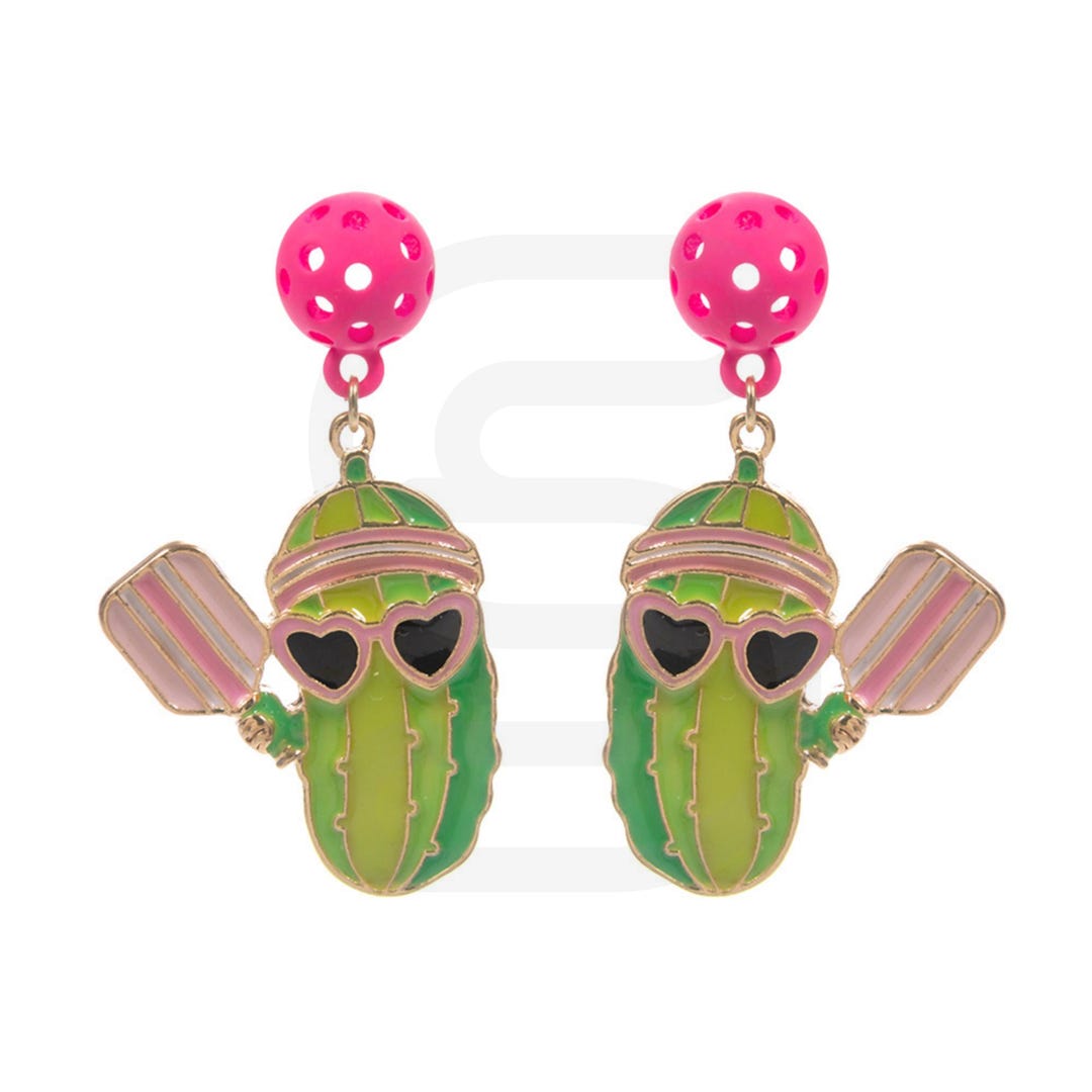 Pickleball Cactus Earrings – Funny Enamel Dangles With Pink Ball ...