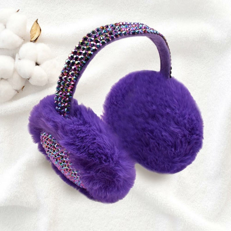 Custom Rhinestone STUDDED FLUFFY Plush Faux Fur Earmuffs for Women ...