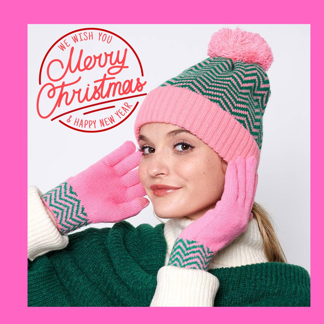 Pink and Green Zig Zag Knit Chevron Hat With Touch Smart Glove Set for ...