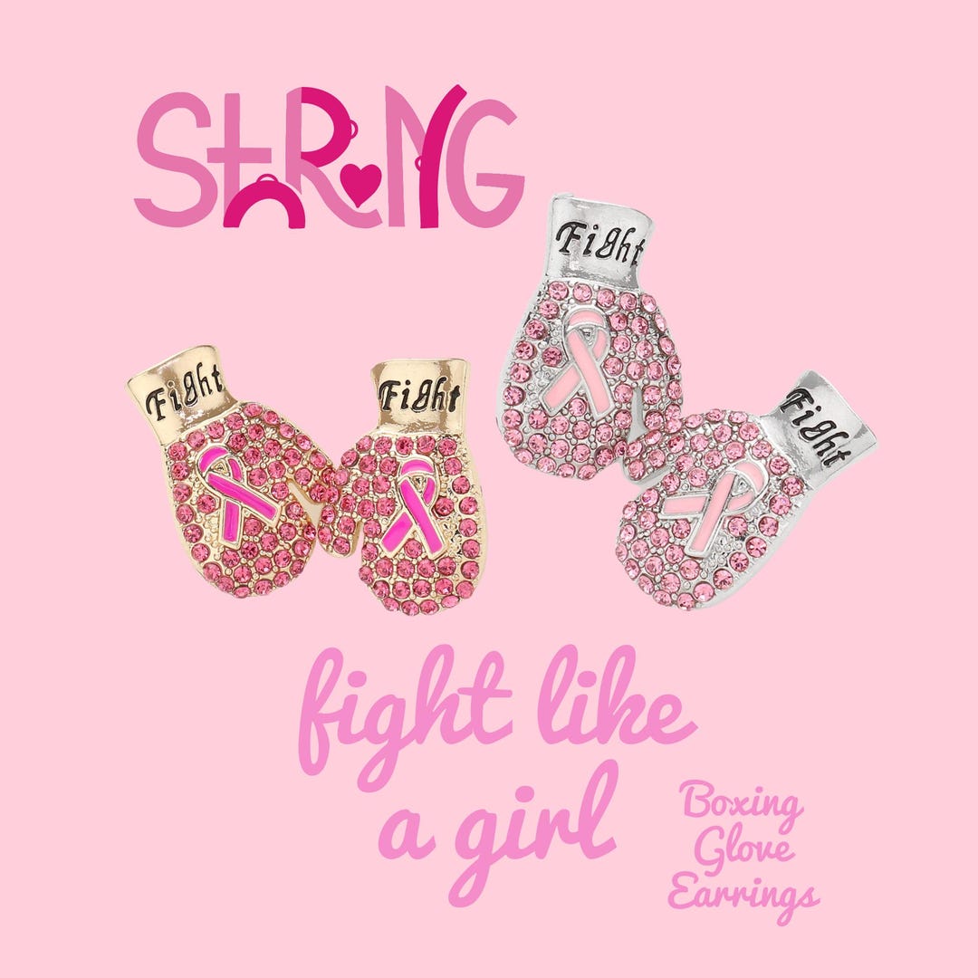 Rhinestone Pink Ribbon Boxing Glove Stud Earrings for Breast Cancer ...