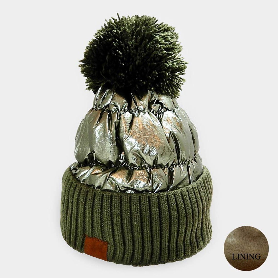 Puffer Knit Pom Pom Beanie Hat, Winter Quilted Metallic Hat, Women ...