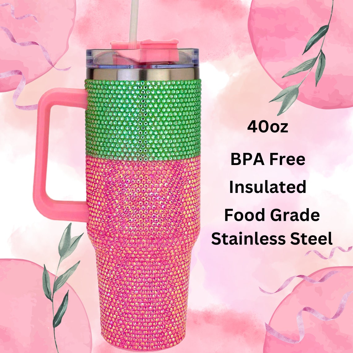 40oz Pink and Green Alpha Kappa Alpha, Bling Tumbler, Water Bottle ...