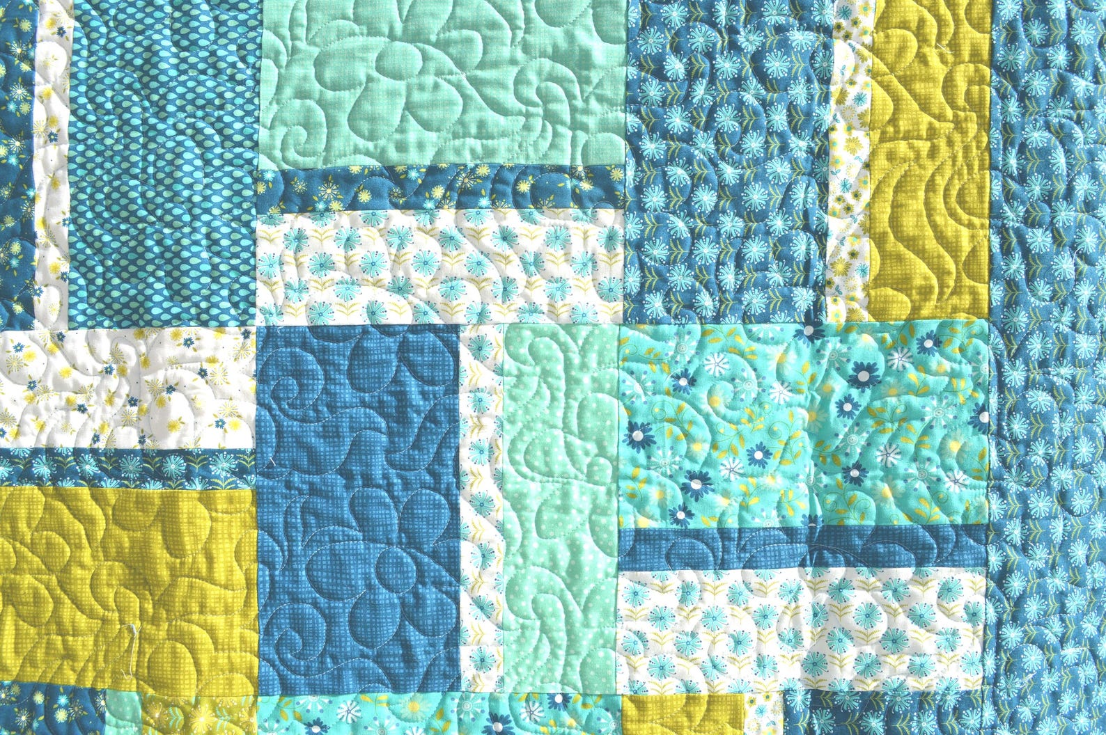 Big Block Floral Lap Quilt, 56" X 73", Blue, Turquois, Floral, and Gold ...