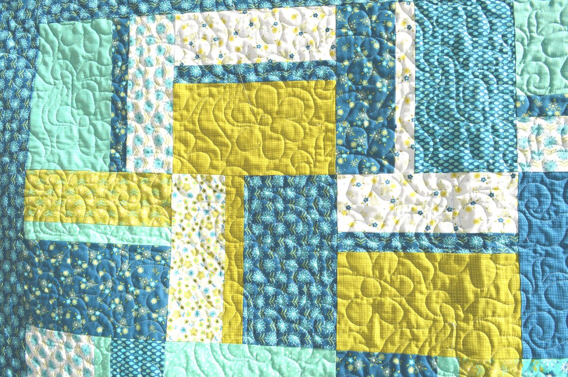 Big Block Floral Lap Quilt, 56" X 73", Blue, Turquois, Floral, and Gold ...