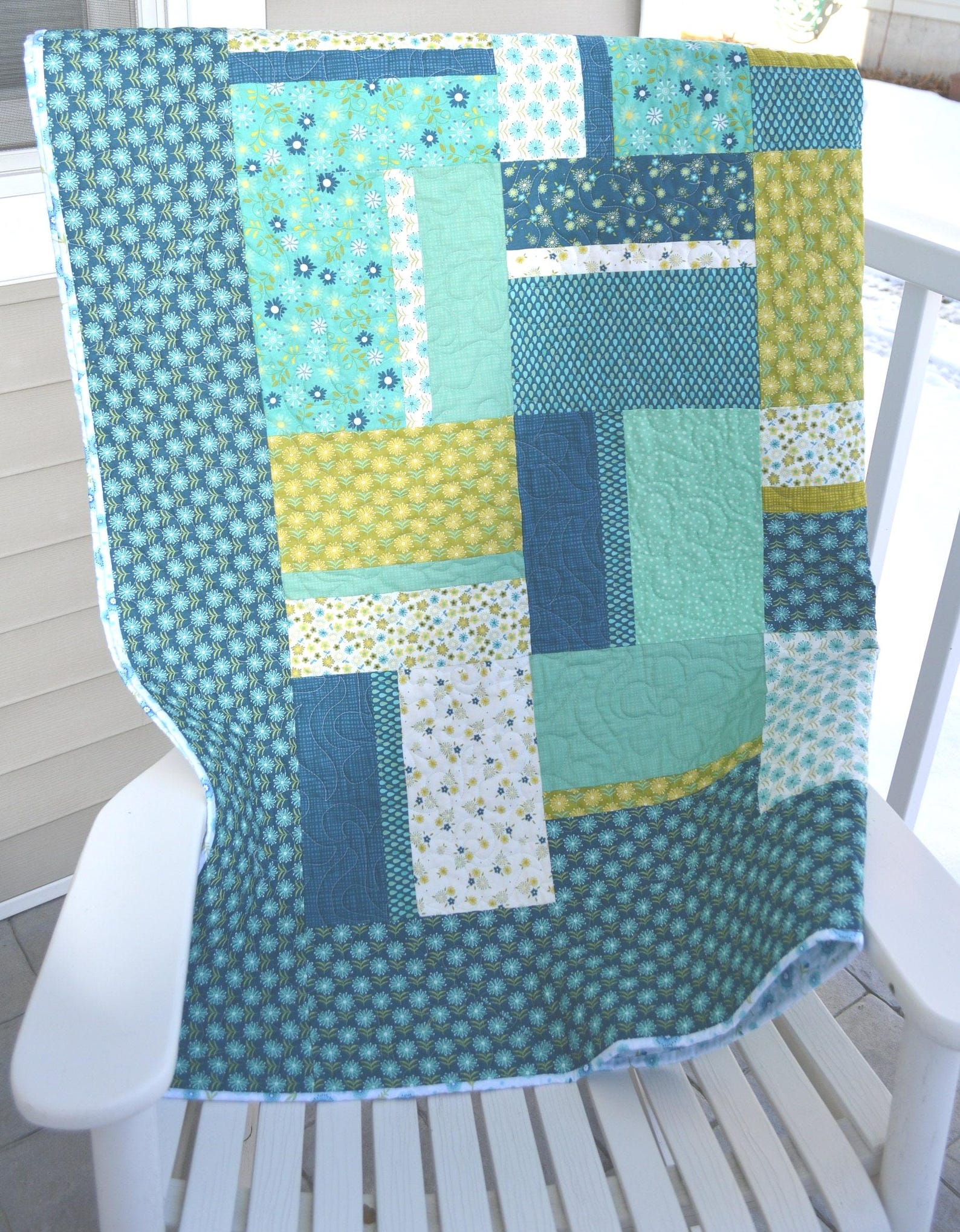 Big Block Floral Lap Quilt, 56" X 73", Blue, Turquois, Floral, and Gold ...