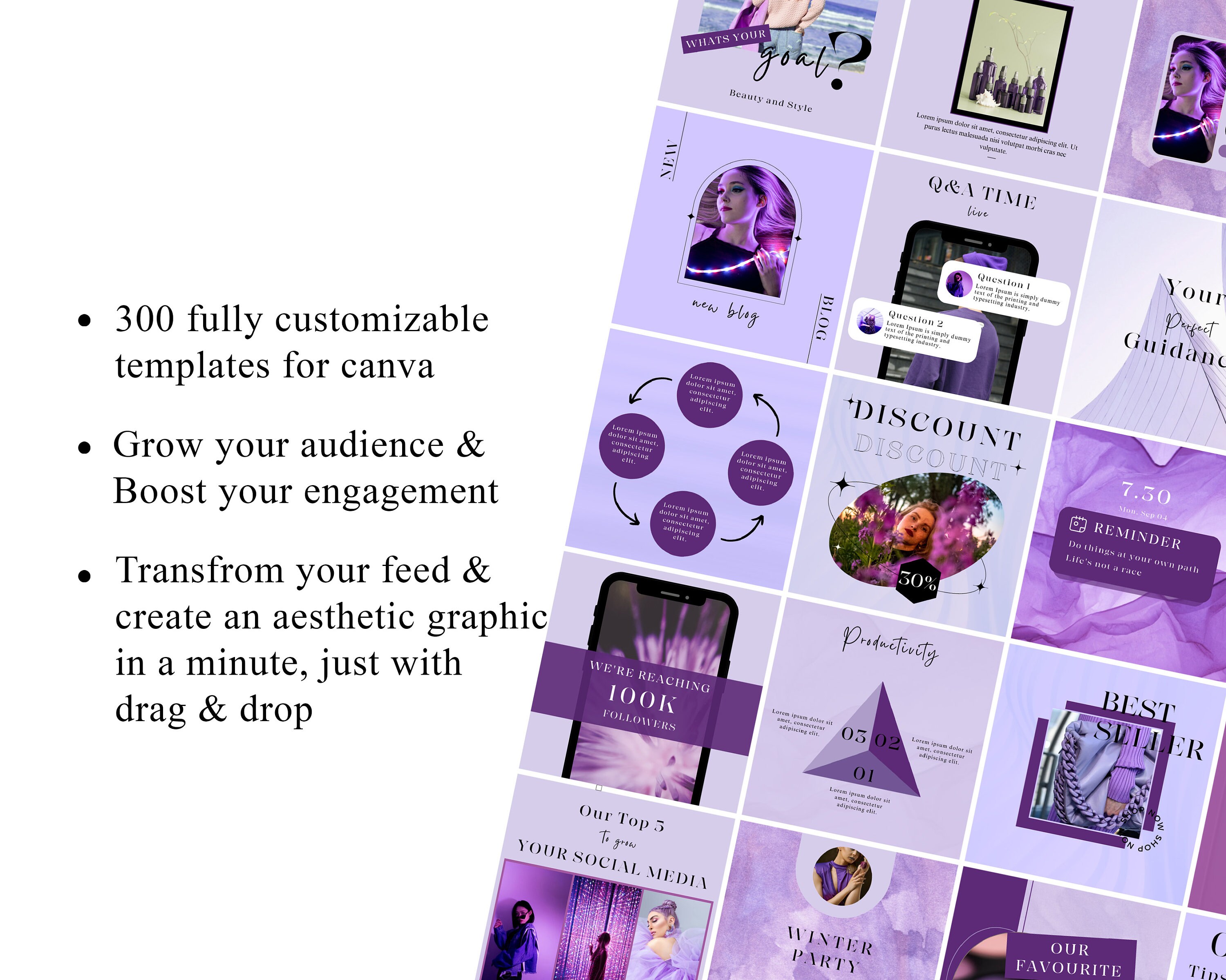 300 Purple Instagram BUNDLE Templates | Purple Social Media Canva ...