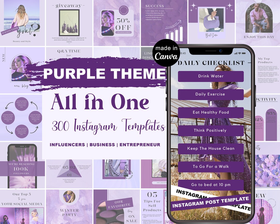 300 Purple Instagram BUNDLE Templates | Purple Social Media Canva ...