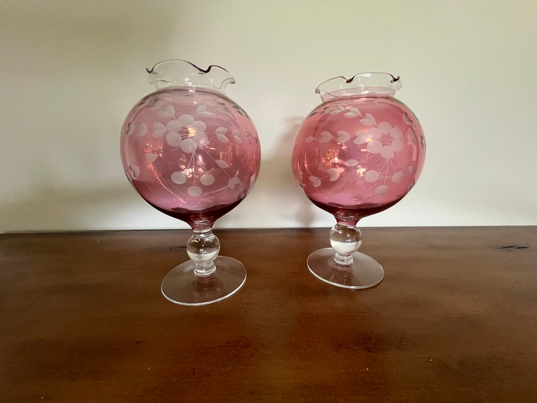 Etched Cranberry Glass Bulb Vases Pair C. 1950s - Etsy