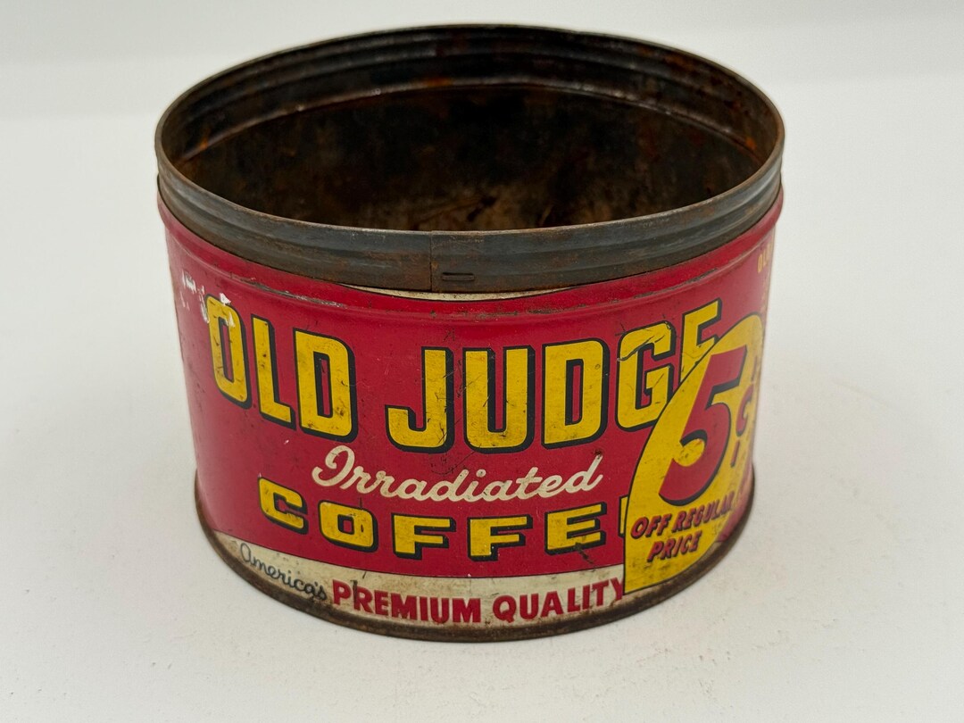 Vintage Old Judge Irradiated Coffee Tin – Red & Yellow Advertising Can ...