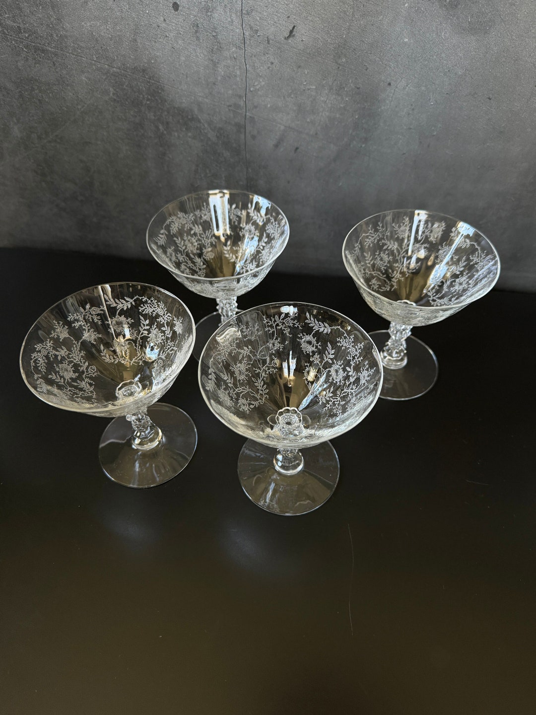 RARE 1930s Fostoria Rose Flower Champagne Glass, Etched Crystal Coupe ...