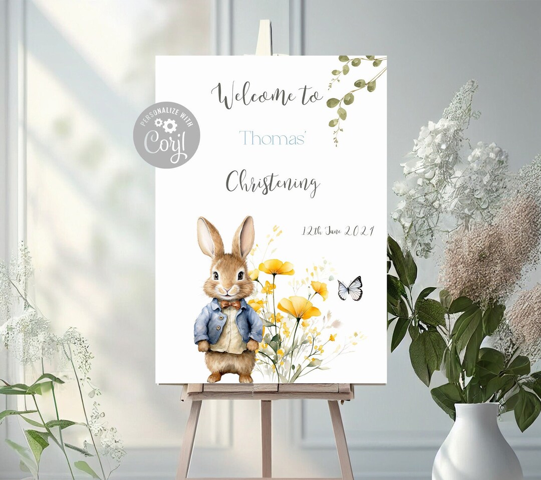 Personalised EDITABLE Christening Poster, Blue Rabbit Banner, Guestbook ...