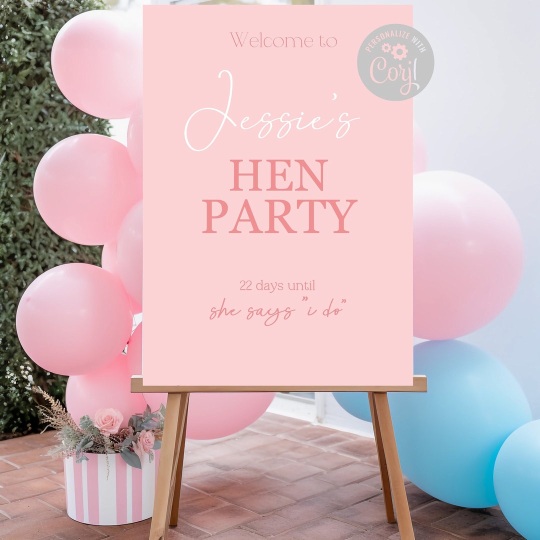 Personalised Pink Hen Party Hen Do Welcome Sign, Digital Editable Party ...