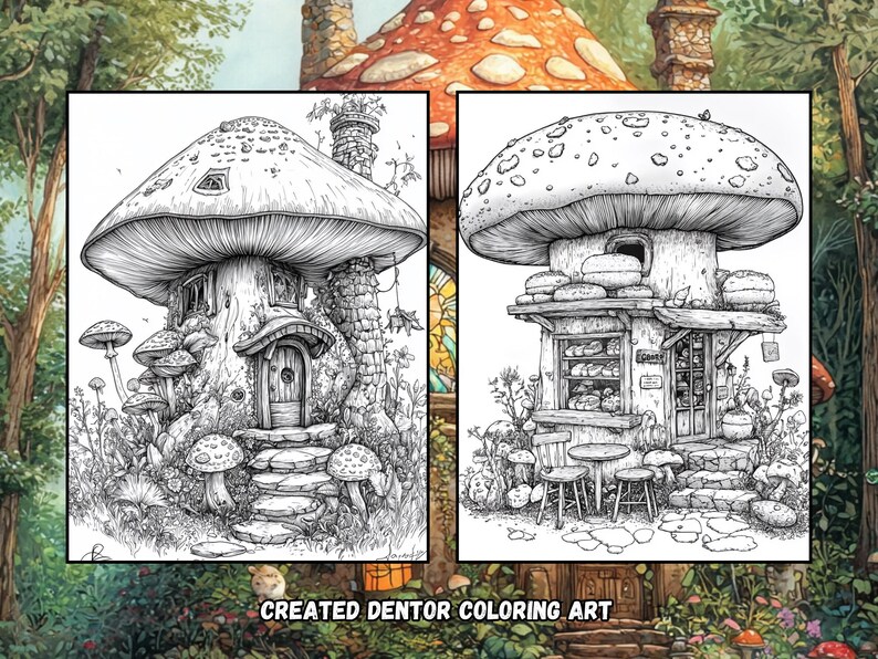 Magical Mushroom House Coloring Book for All Ages | Black & White ...