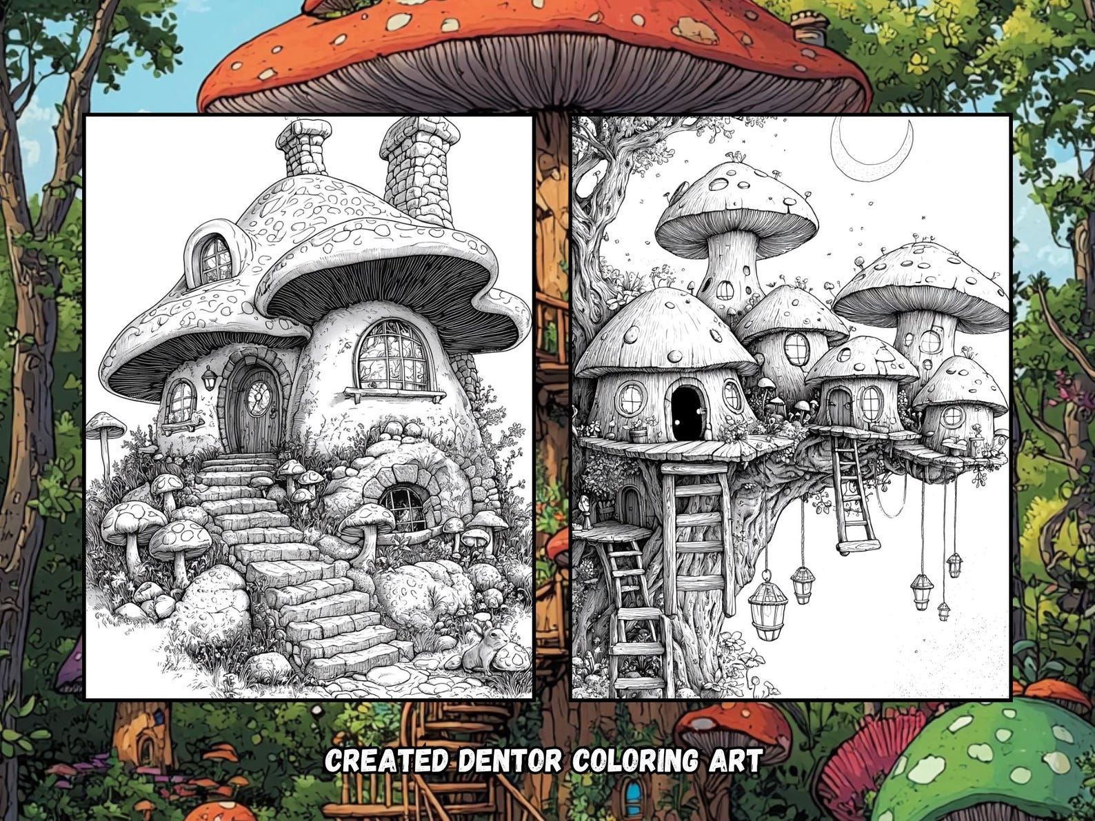Magical Mushroom House Coloring Book for All Ages | Black & White ...