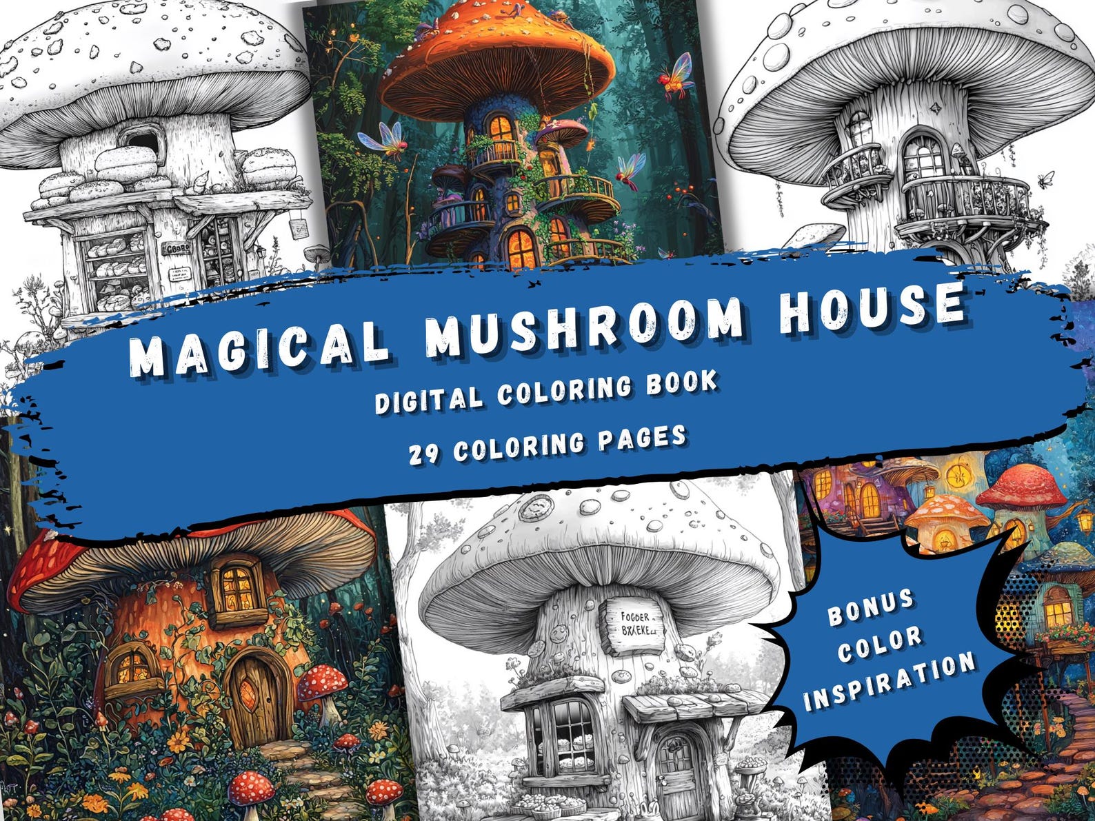 Magical Mushroom House Coloring Book for All Ages | Black & White ...