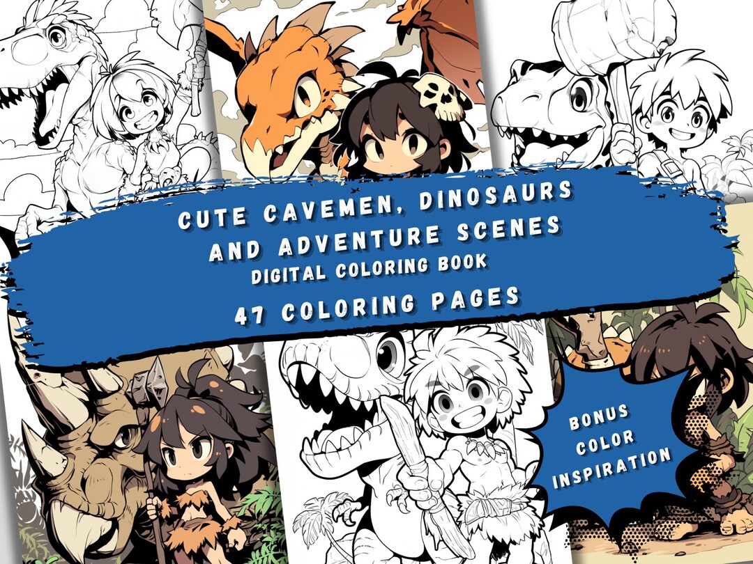 47 Chibi Prehistoric Coloring Pages - Cute Cavemen and Dinosaurs ...