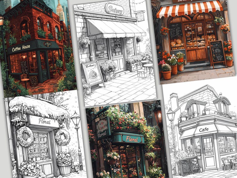 Storefront Coloring Book | 93 Cafe, Bar, Shop Illustrations (PDF) - Etsy