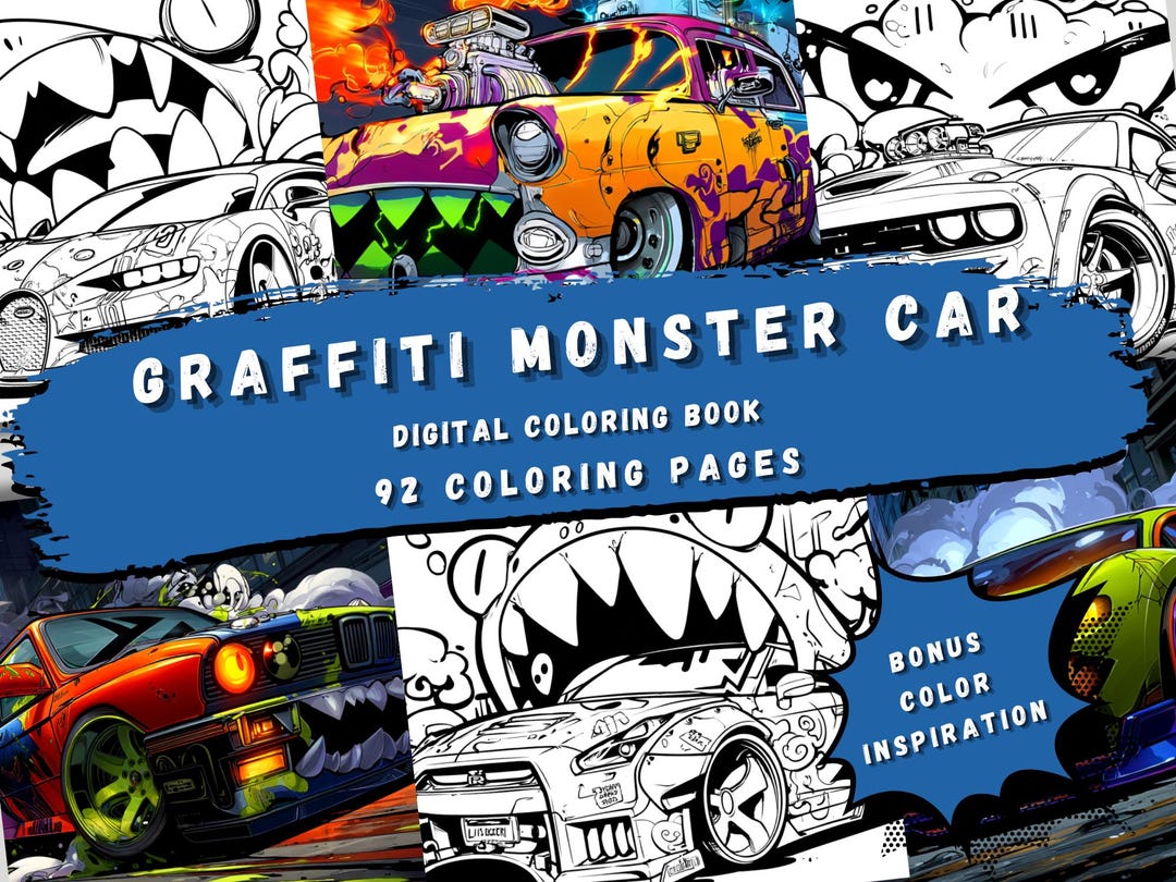 Graffiti Monster Car Coloring Adventure - 92 Pages, Printable PDF - Etsy