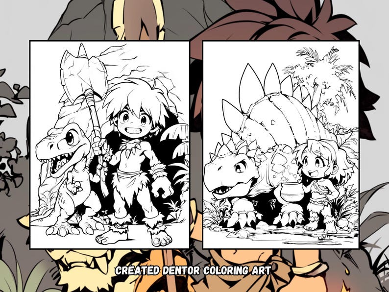 47 Chibi Prehistoric Coloring Pages - Cute Cavemen and Dinosaurs ...