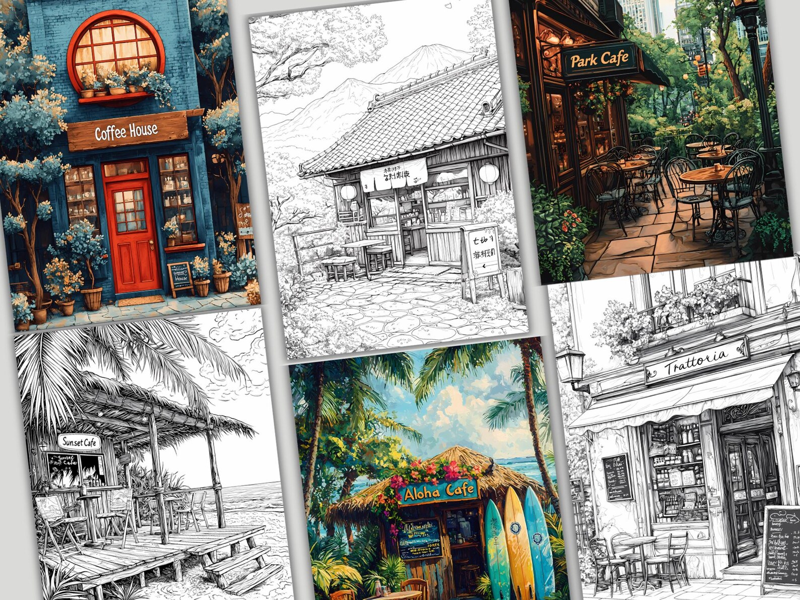 Storefront Coloring Book | 93 Cafe, Bar, Shop Illustrations (PDF) - Etsy