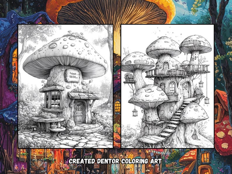 Magical Mushroom House Coloring Book for All Ages | Black & White ...