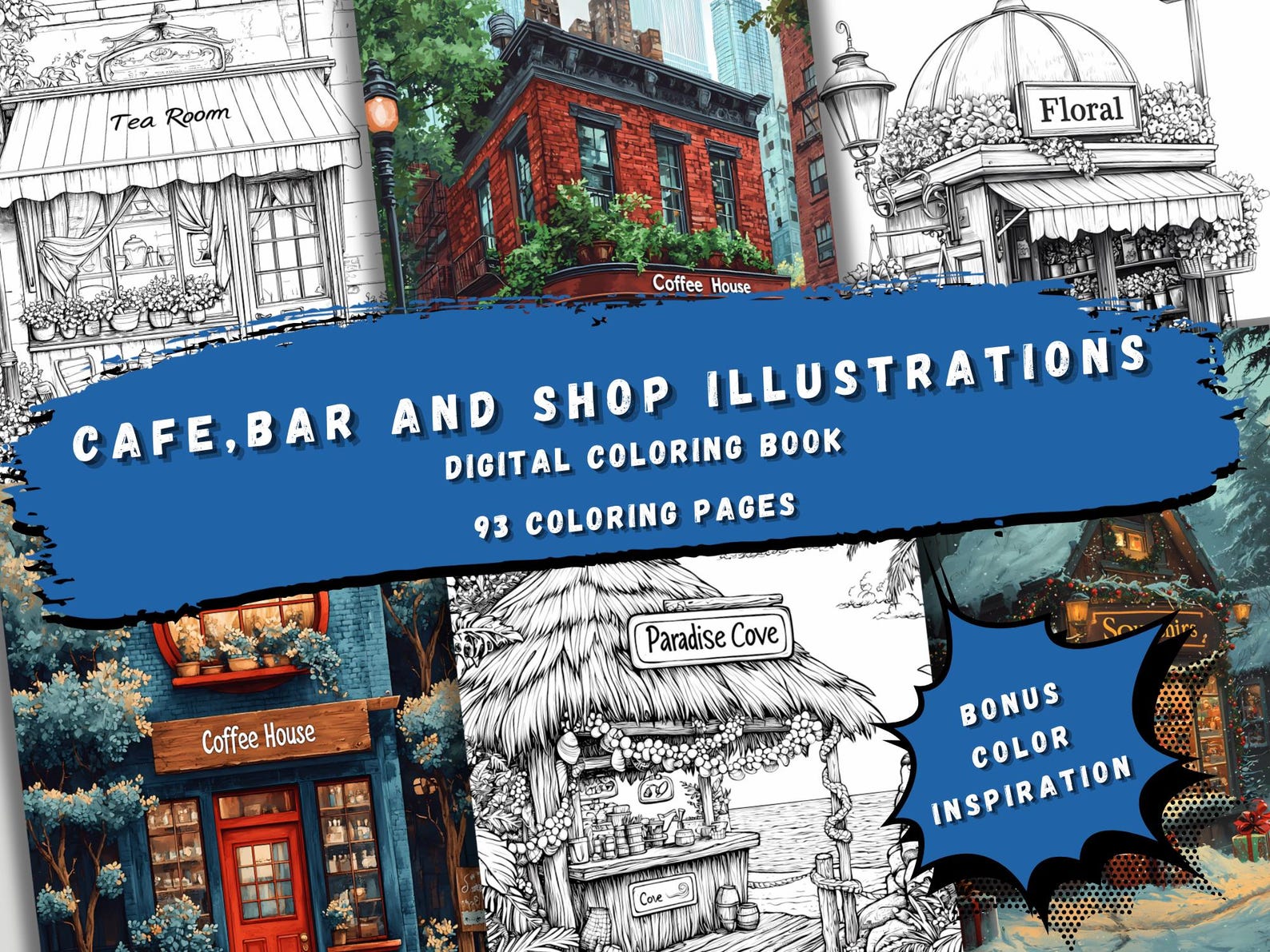 Storefront Coloring Book | 93 Cafe, Bar, Shop Illustrations (PDF) - Etsy