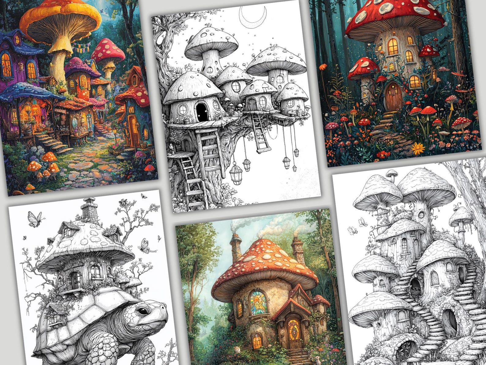 Magical Mushroom House Coloring Book for All Ages | Black & White ...
