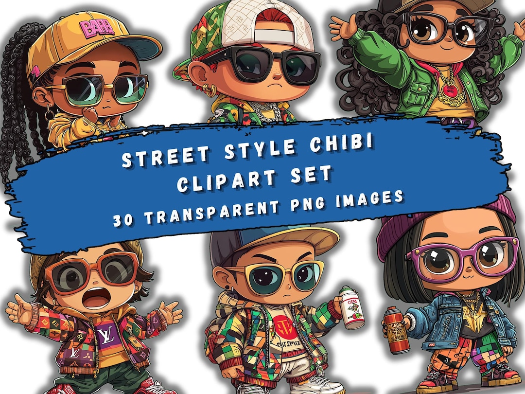 Street Style Chibi Clipart Set, 30 PNG Files, Sticker Art for T-shirts ...