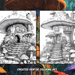 Magical Mushroom House Coloring Book for All Ages | Black & White ...