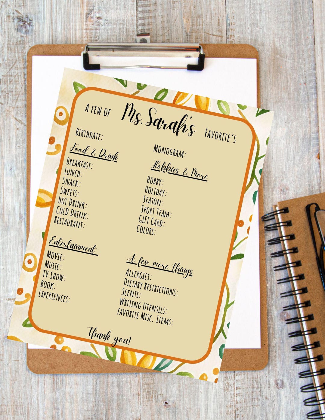 Customizable Teacher Favorites Form, Gifting, Printable, Digital ...