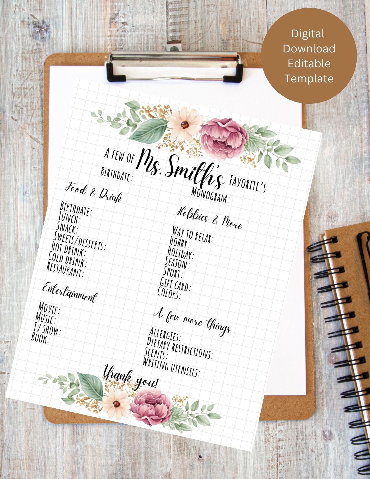 Customizable Teacher Favorite Things Form - Etsy