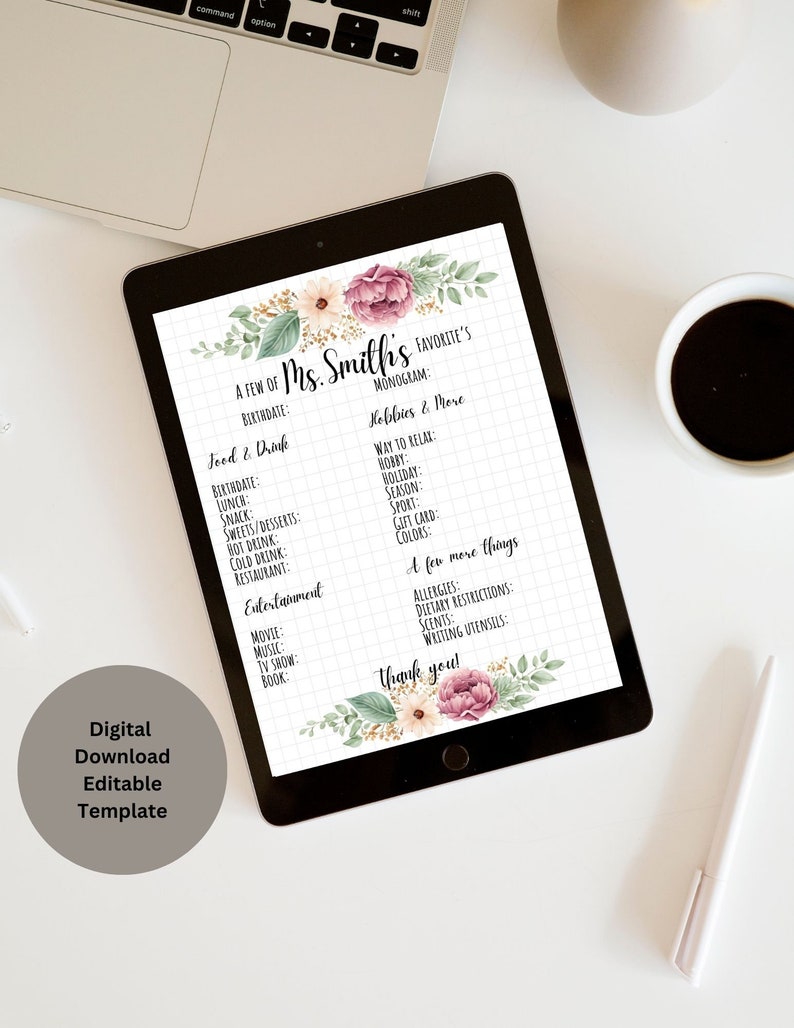 Customizable Teacher Favorite Things Form - Etsy