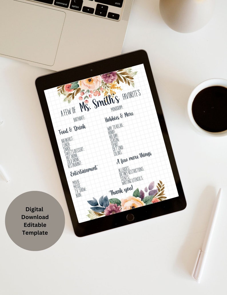 Customizable Teacher Favorite Things Form, Printable, Digital Download ...