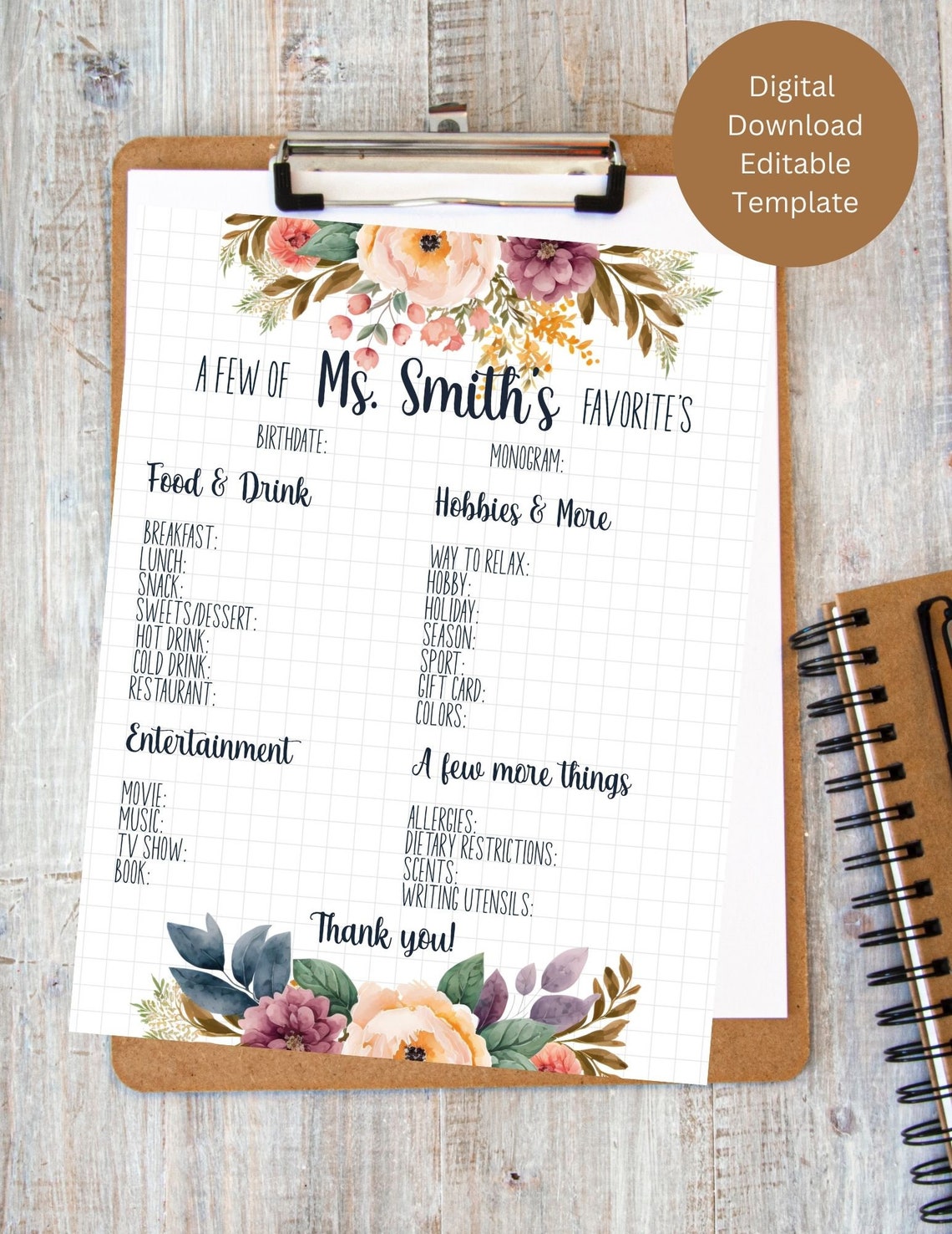Customizable Teacher Favorite Things Form, Printable, Digital Download ...