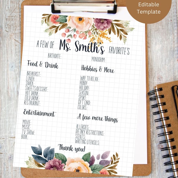 Teacher Form Favorite Things - Etsy