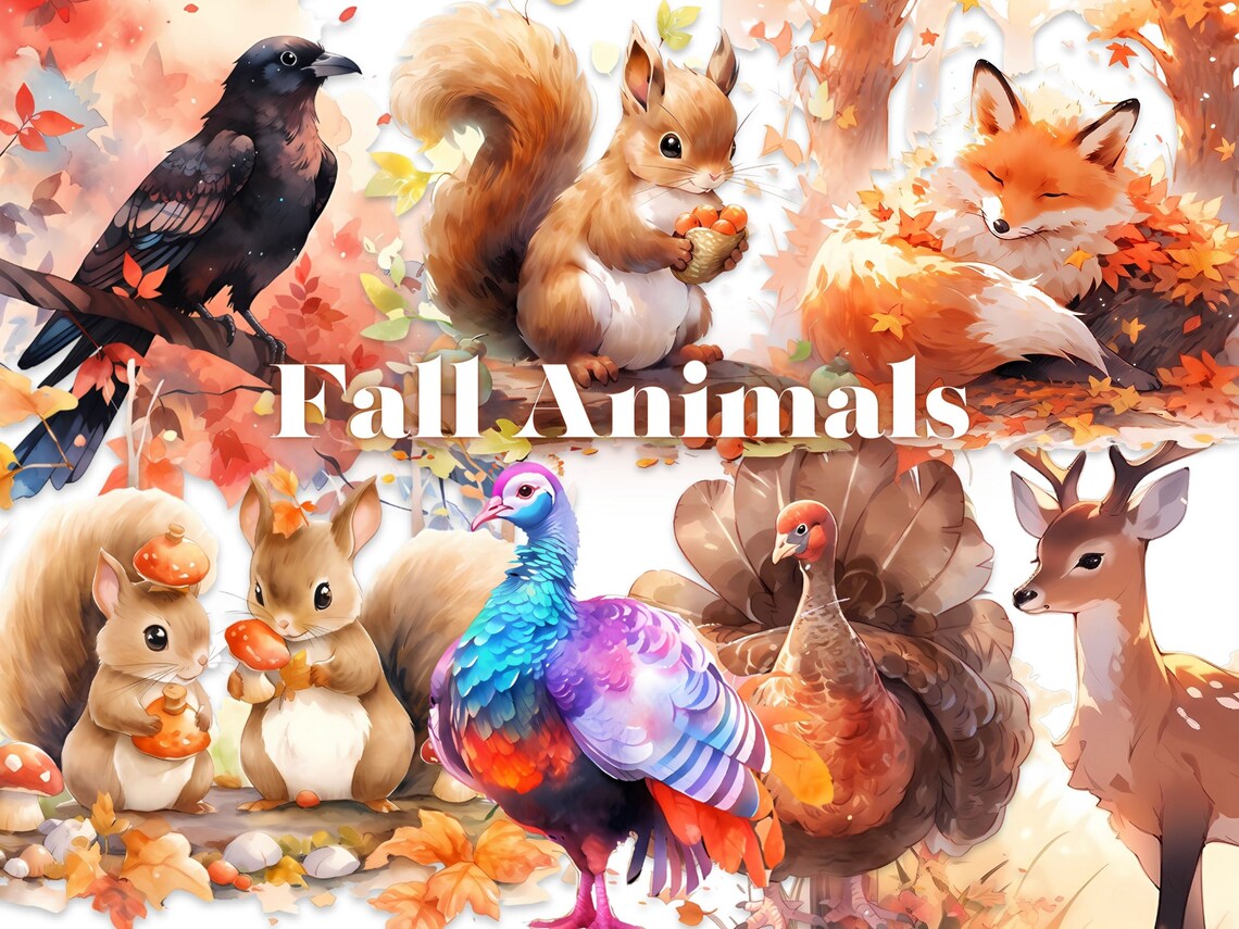 Fall Animals Clipart Turkey Fox Deer Squirrel Hedgehog Autumn - Etsy
