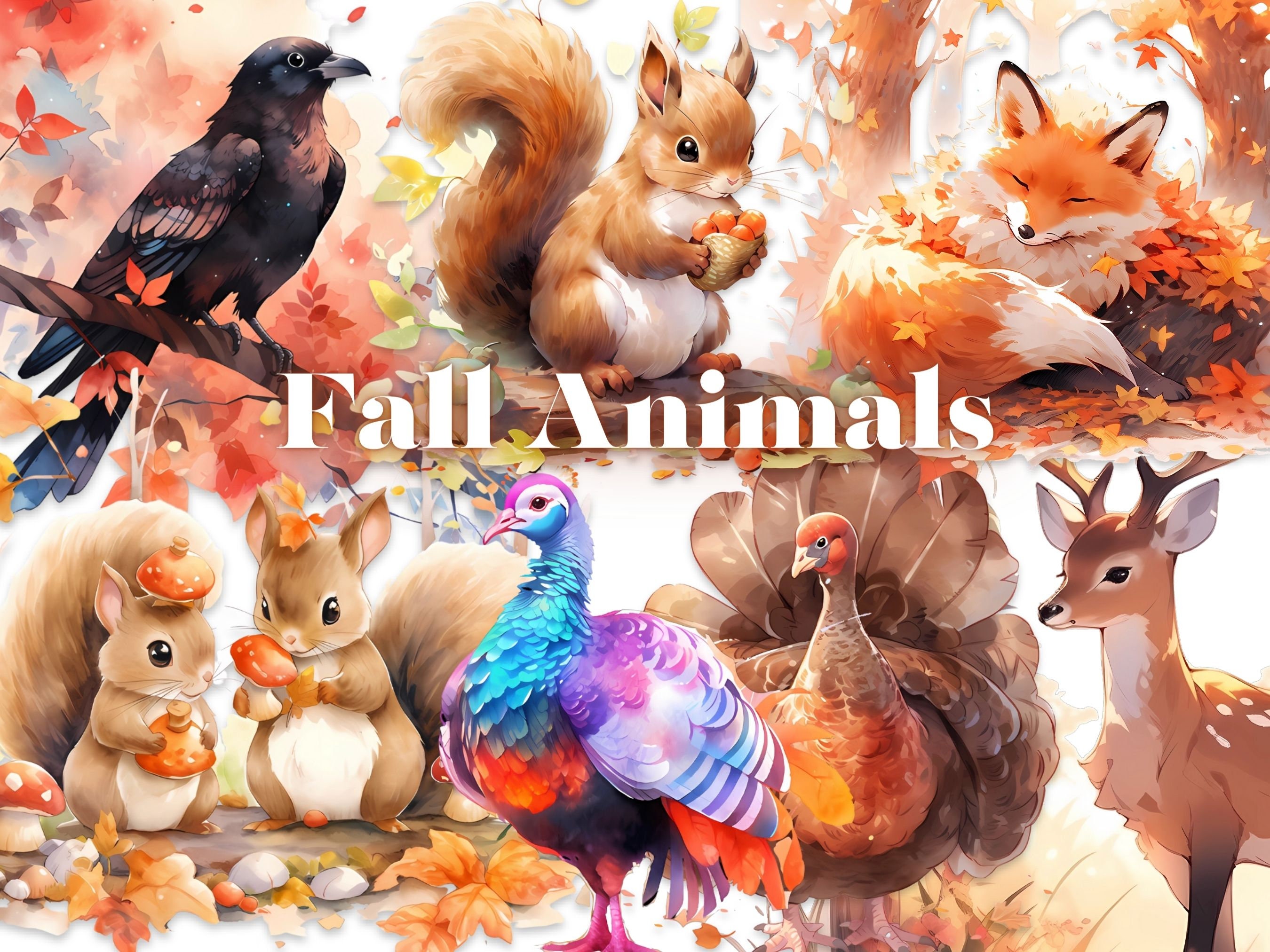 Fall Animals Clipart Turkey Fox Deer Squirrel Hedgehog Autumn Creatures ...