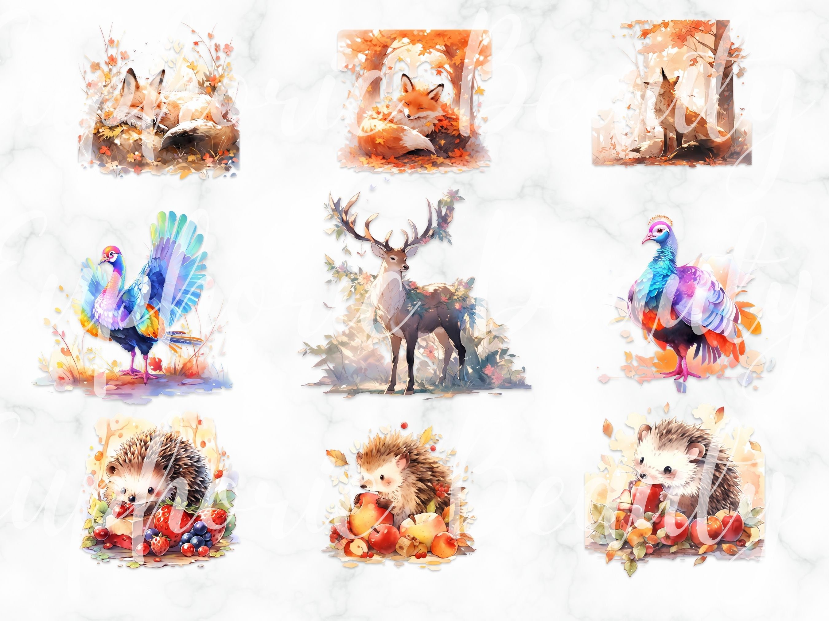 Fall Animals Clipart Turkey Fox Deer Squirrel Hedgehog Autumn Creatures ...