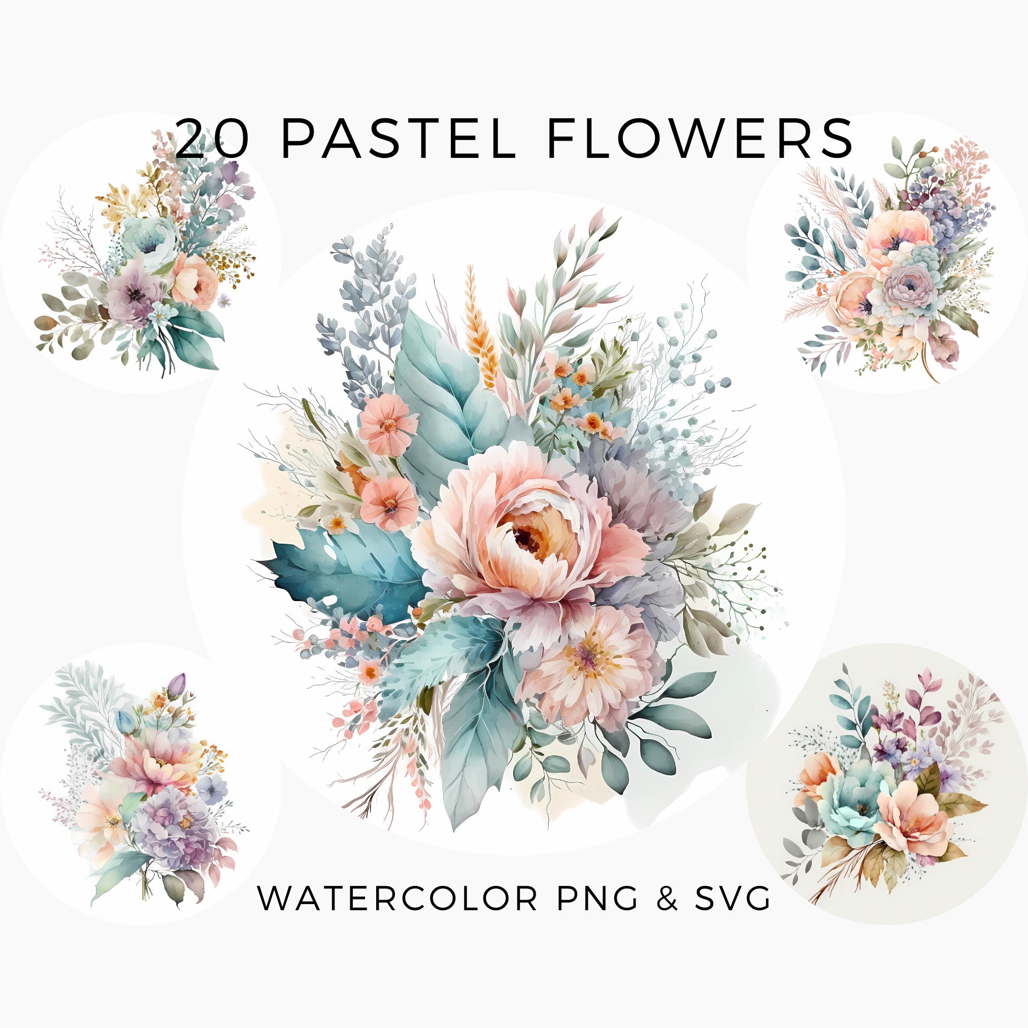 20 Pastel Flowers PNG & SVG, Watercolor Floral Bouquets, Wild Flowers ...