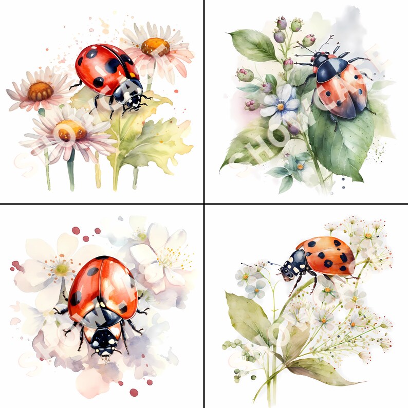 34 Floral Ladybug Watercolor Clipart PNG & SVG, Nursery Art, Paper ...