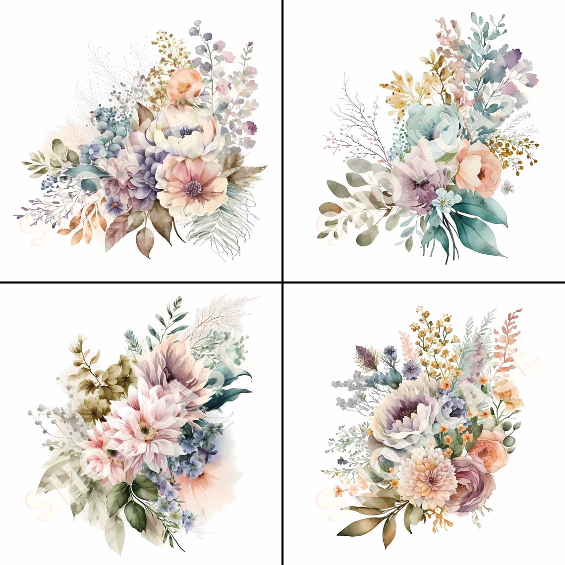 20 Pastel Flowers PNG & SVG Watercolor Floral Bouquets Wild - Etsy