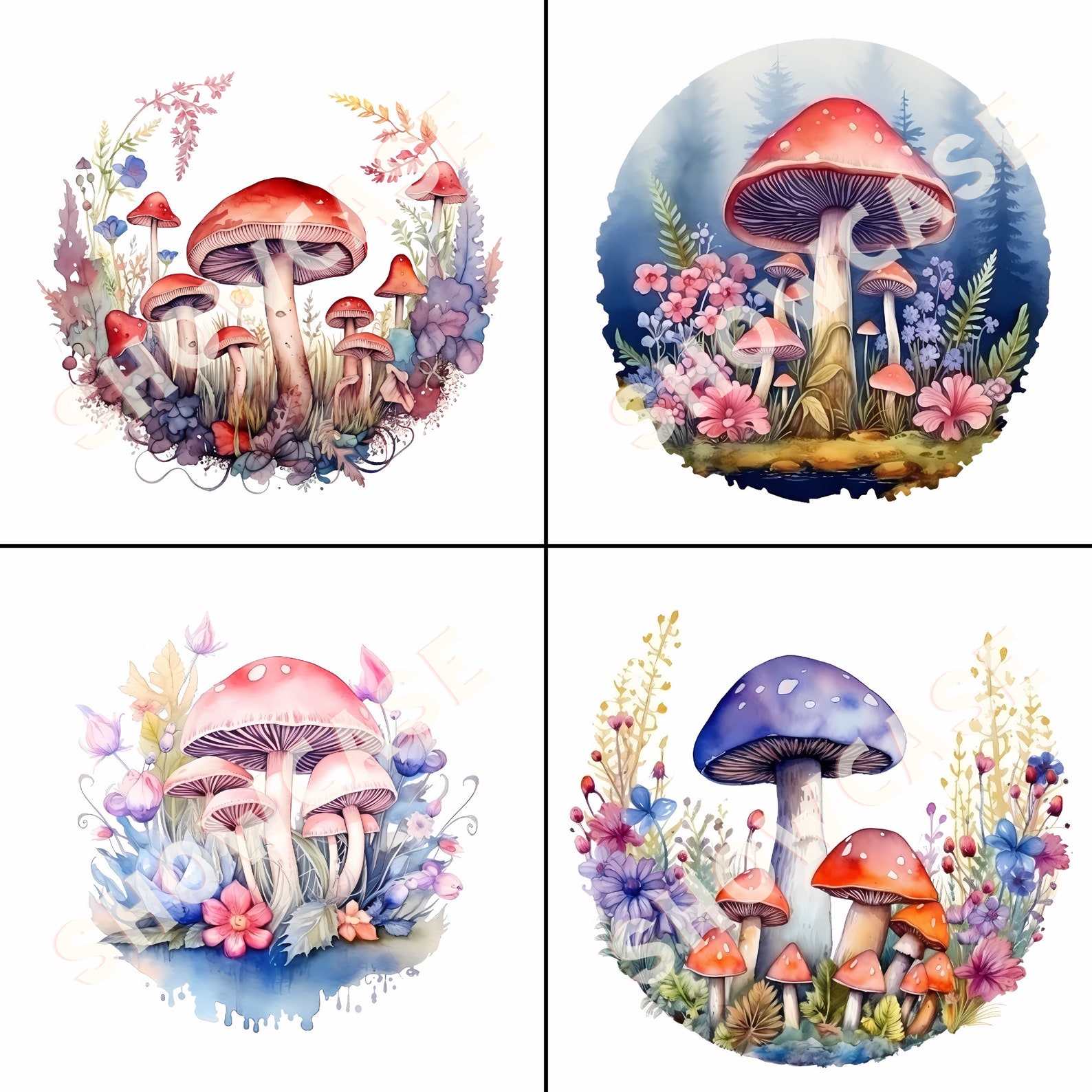20 Watercolour Magic Mystical Mushrooms Digital Clipart Bundle PNG ...