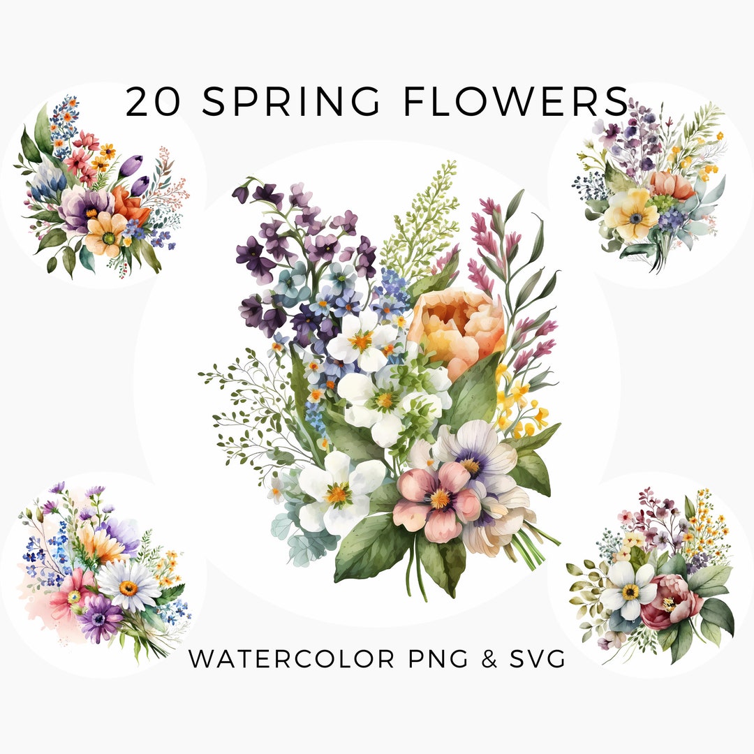 20 Spring Flowers PNG & SVG, Watercolor Floral Clipart Bouquets, Wild ...