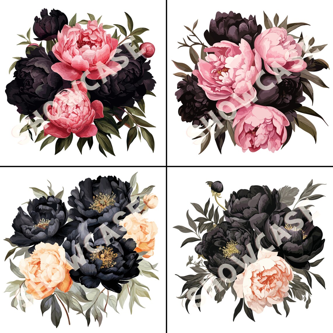 Black Peonies Clipart, Watercolor Flowers PNG & SVG, Peonies Clipart ...