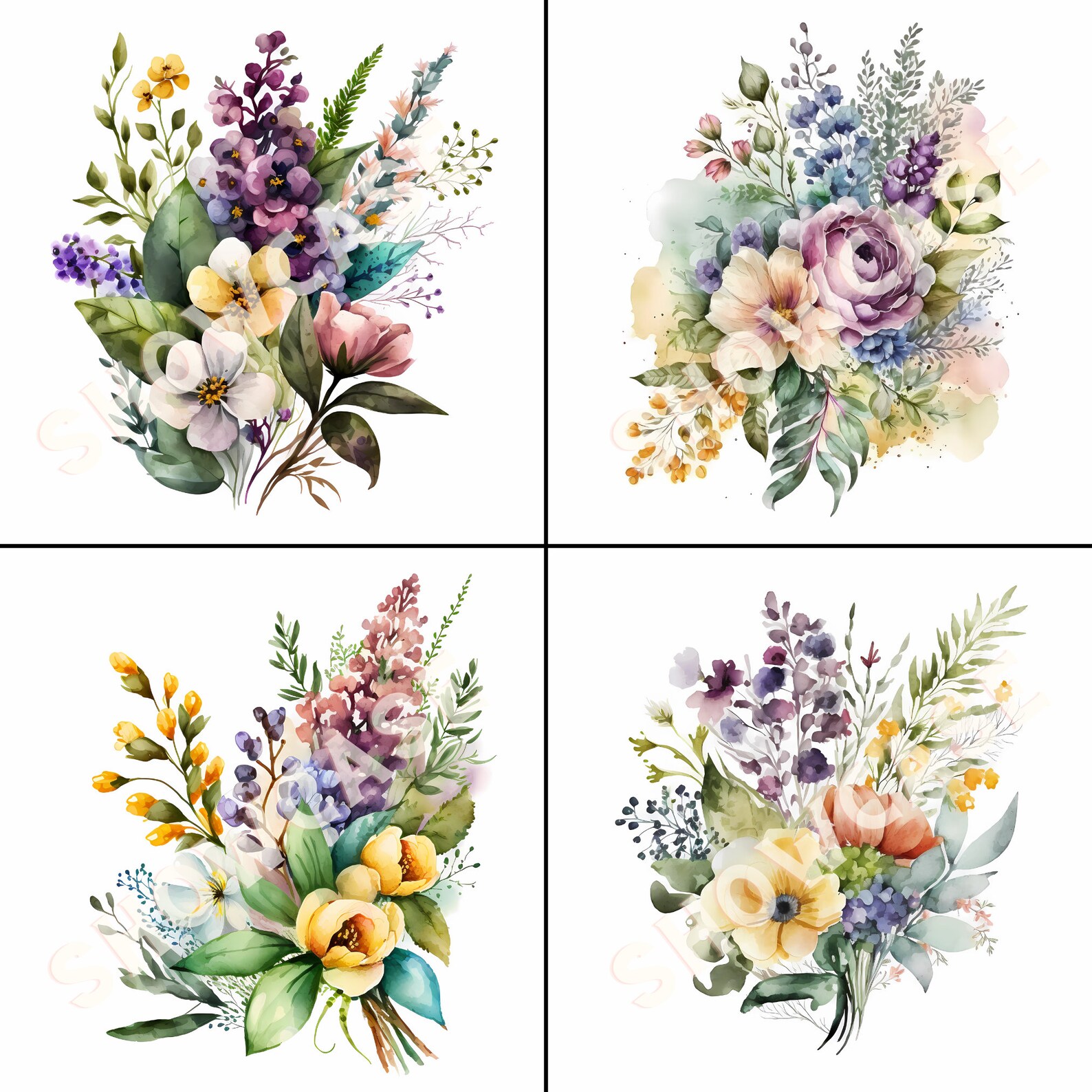 20 Spring Flowers PNG & SVG, Watercolor Floral Clipart Bouquets, Wild ...